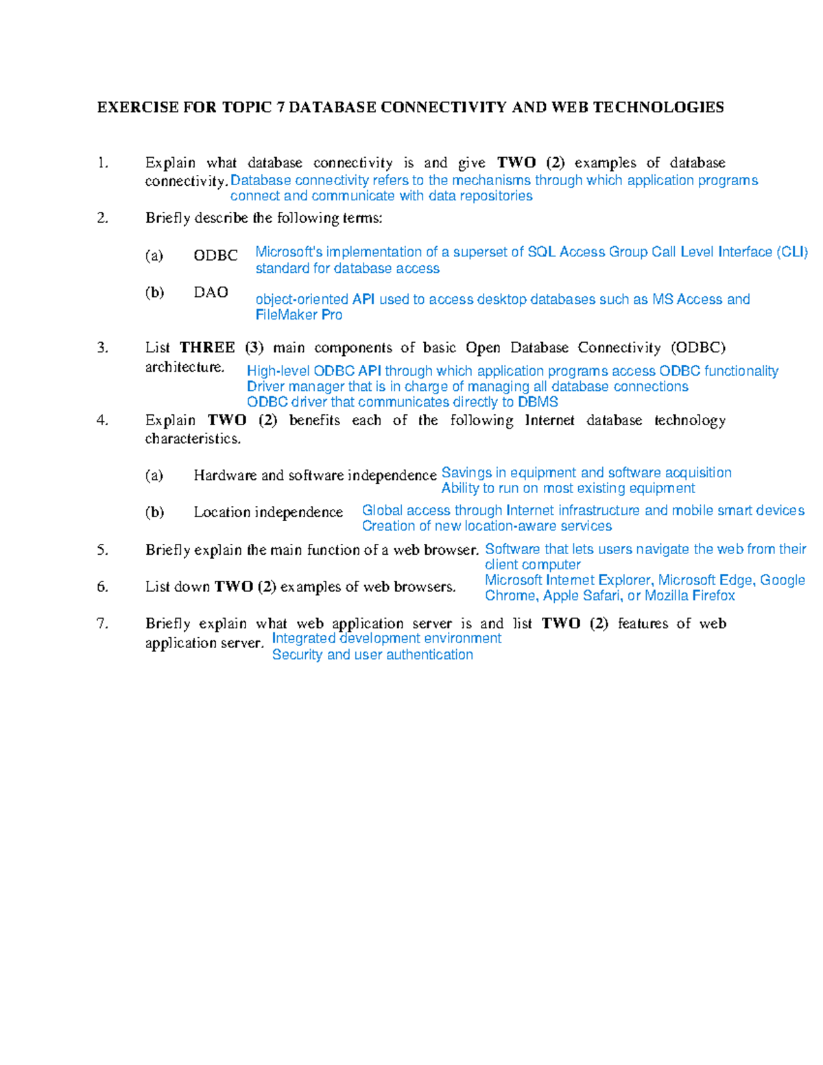 A212 Exercise FOR Topic 7 - EXERCISE FOR TOPIC 7 DATABASE CONNECTIVITY ...