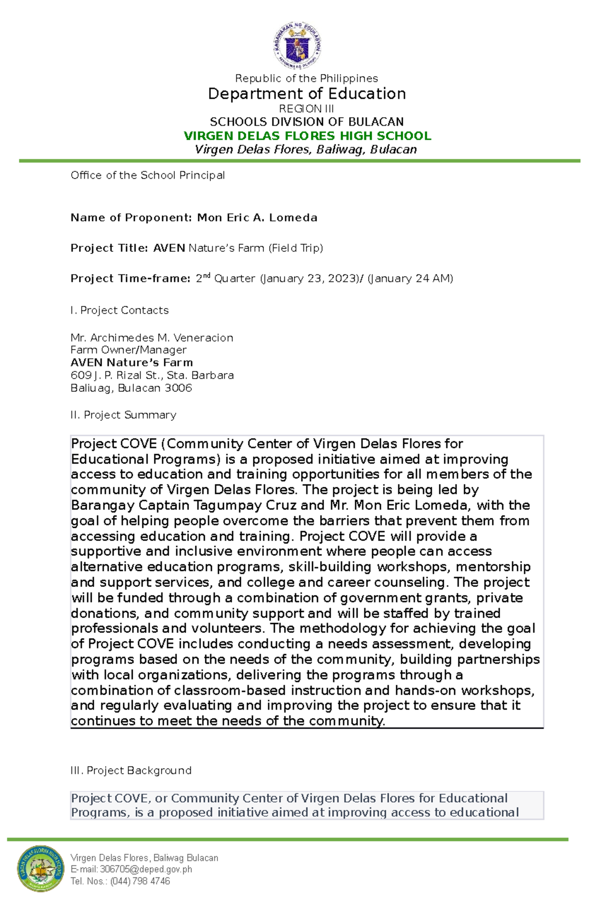 Proposal-project Cove - Department of Education REGION III SCHOOLS ...