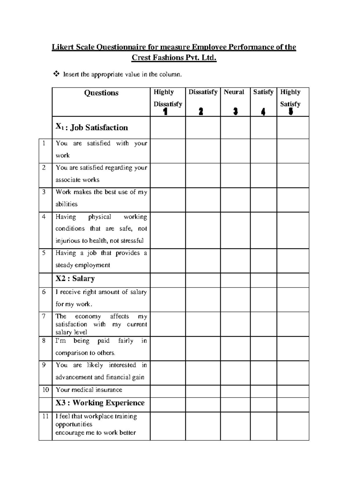 Likert Scale Questionnaire for measure E - Ltd. Insert the appropriate ...