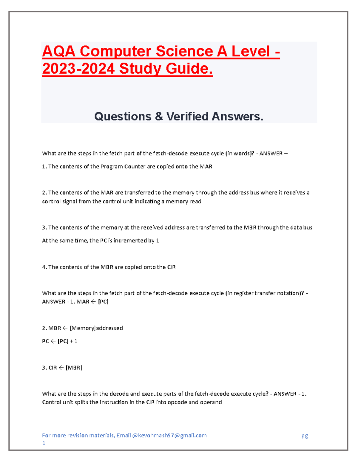 Aqa Computer Science A Level For More Revision Materials Email Kevohmash97 Gmail Pg Aqa