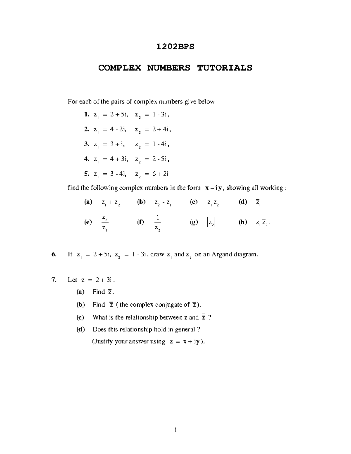 Tutorial work - Complex Numbers - 1202BPS COMPLEX NUMBERS TUTORIALS For ...