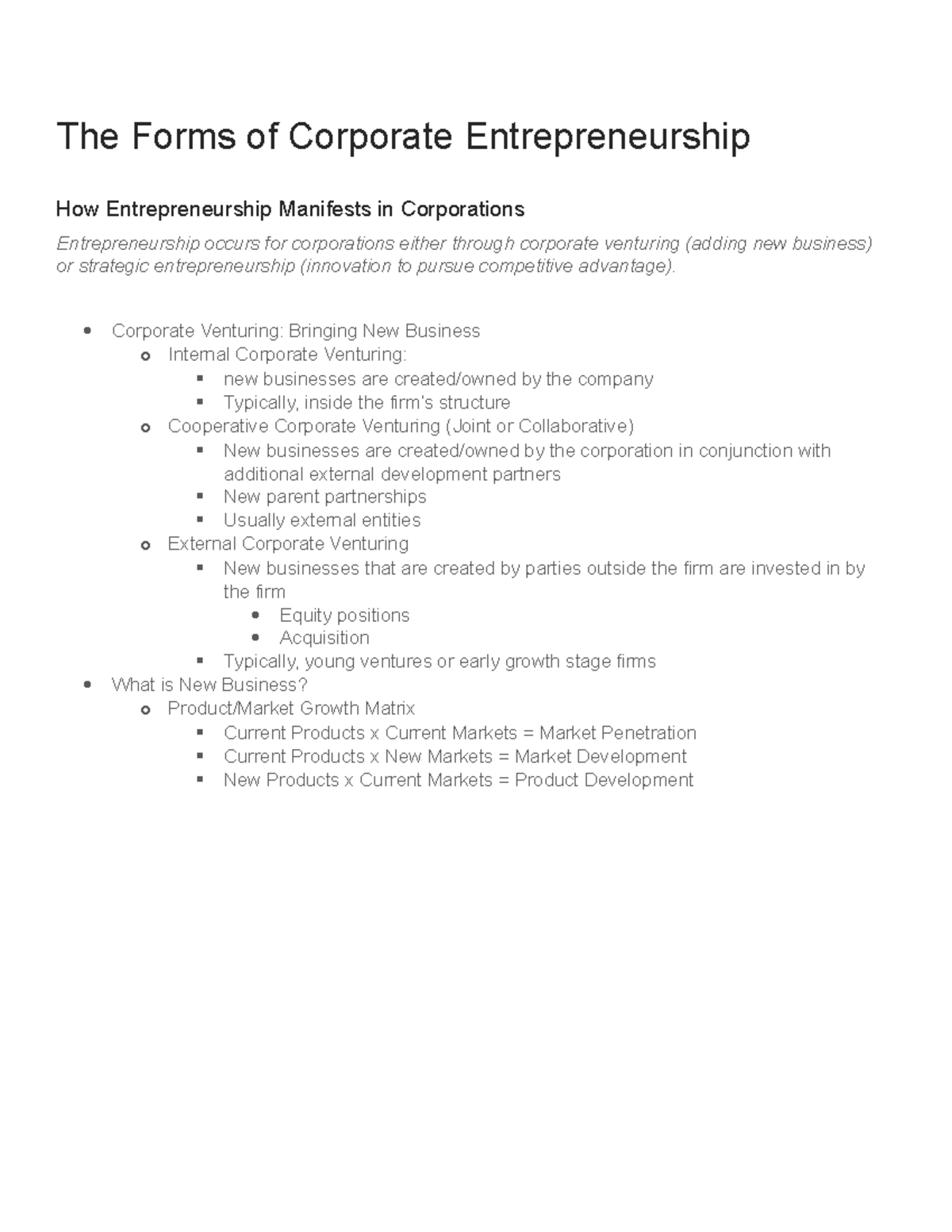 Ch. 4 The Forms of Corporate Entrepreneurship - The Forms of Corporate ...