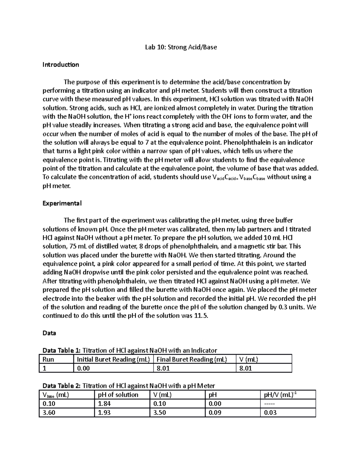 Lab 10 - Strong Acid-Base - Lab 10: Strong Acid/Base Introduction The ...