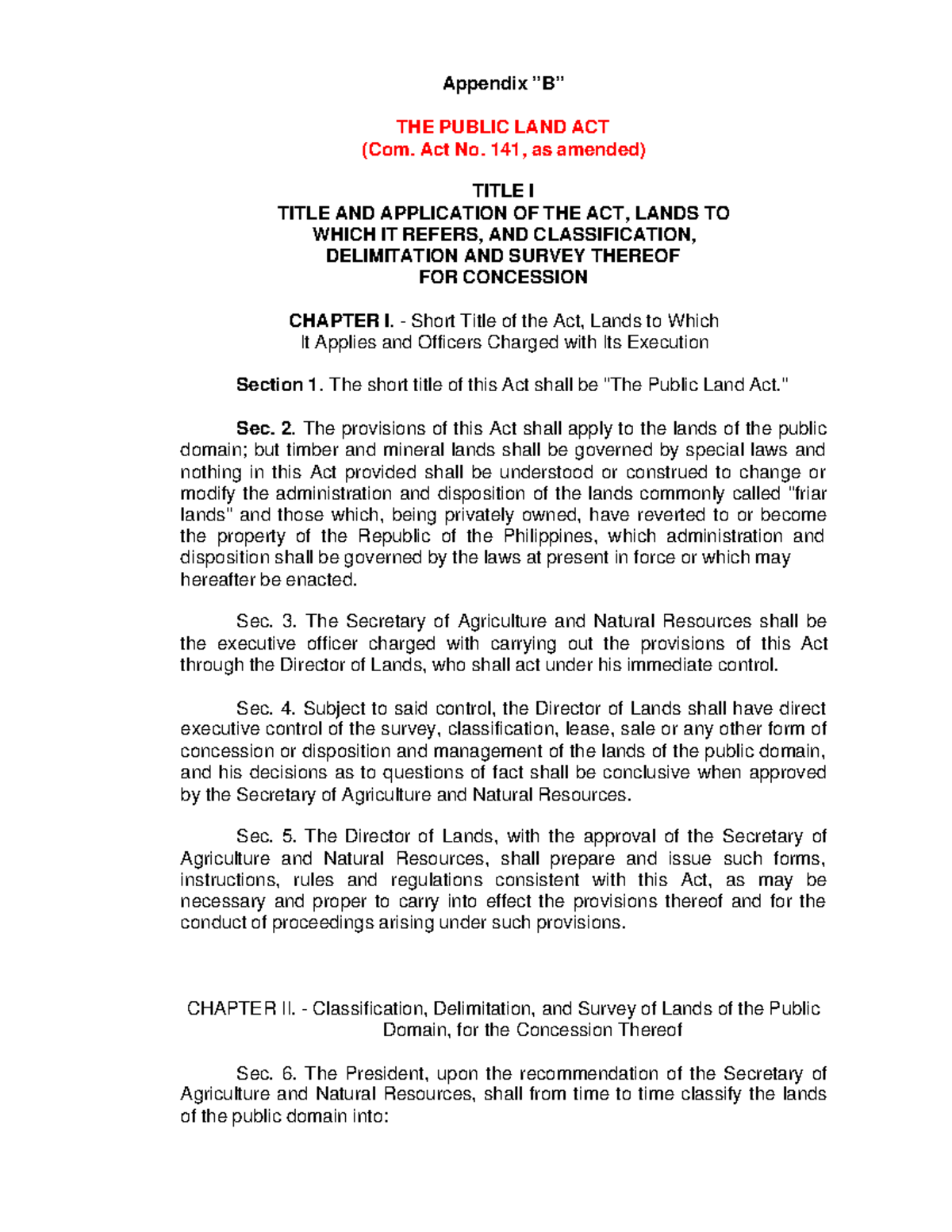 CA 141 - lectutred - Appendix ”B” THE PUBLIC LAND ACT (Com. Act No. 141 ...