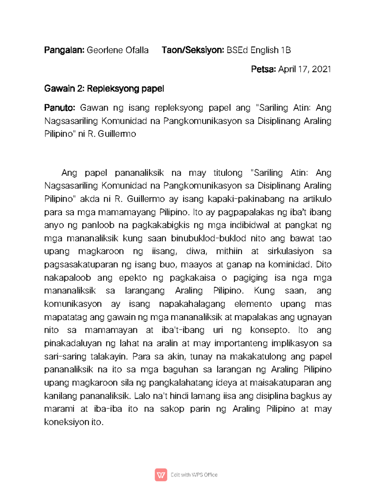 Gawain 2 AT 3 Georlene Ofalla BSED English 1B - Pangalan: Georlene Ofalla Taon/Seksiyon: BSEd ...