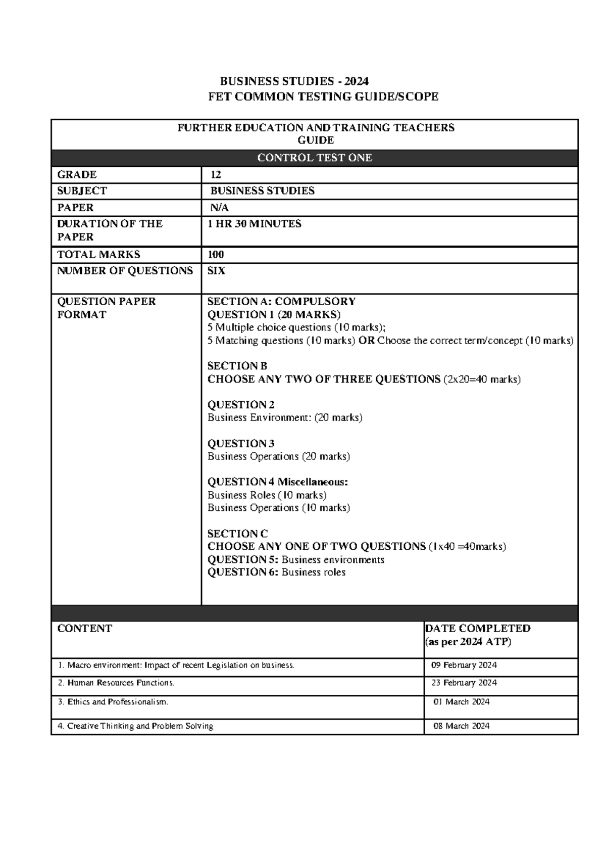 2024 Business Studies BSTD Grade 12 Scope - BUSINESS STUDIES - 2024 FET ...