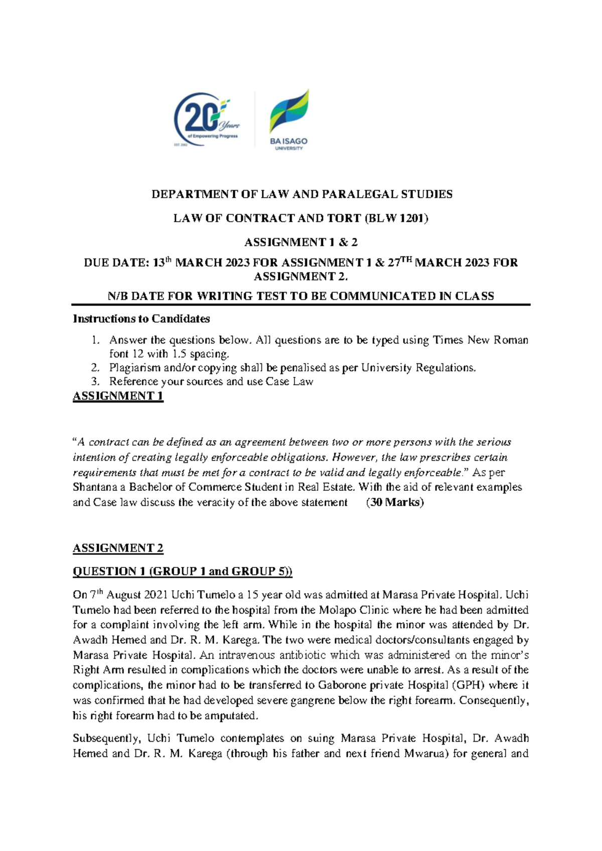 Law Of Contract And Tort Assignment Department Of Law And Paralegal