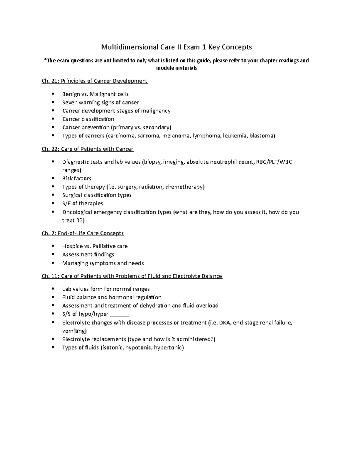 Multidimensional Care II Exam 1 Key Concepts - Multidimensional Care II ...