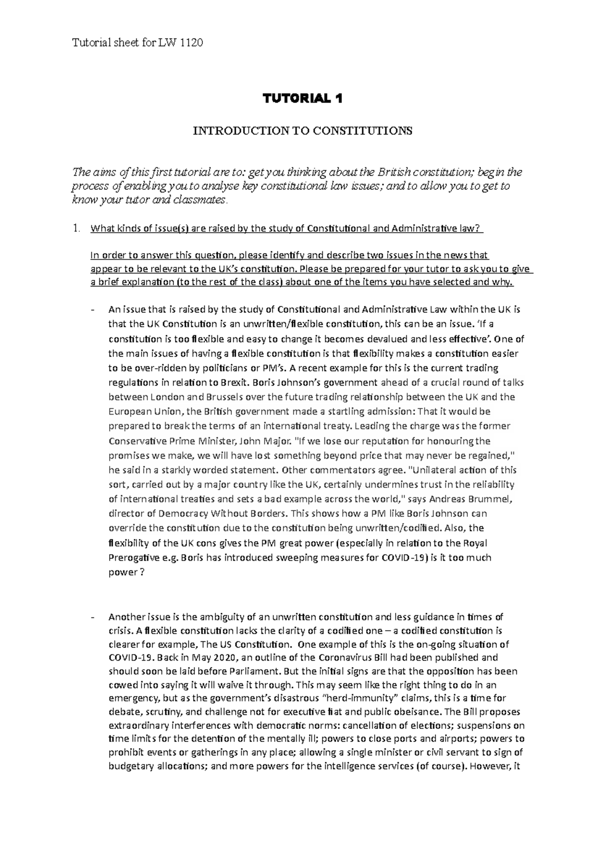 C+A Law Tutorial Sheet - djdjdjdjd - TUTORIAL 1 INTRODUCTION TO CONSTITUTIONS The aims of this ...