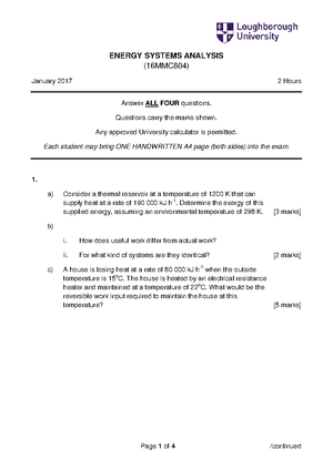 Energy Systems Analysis Exam questions - ENERGY SYSTEMS ANALYSIS ...