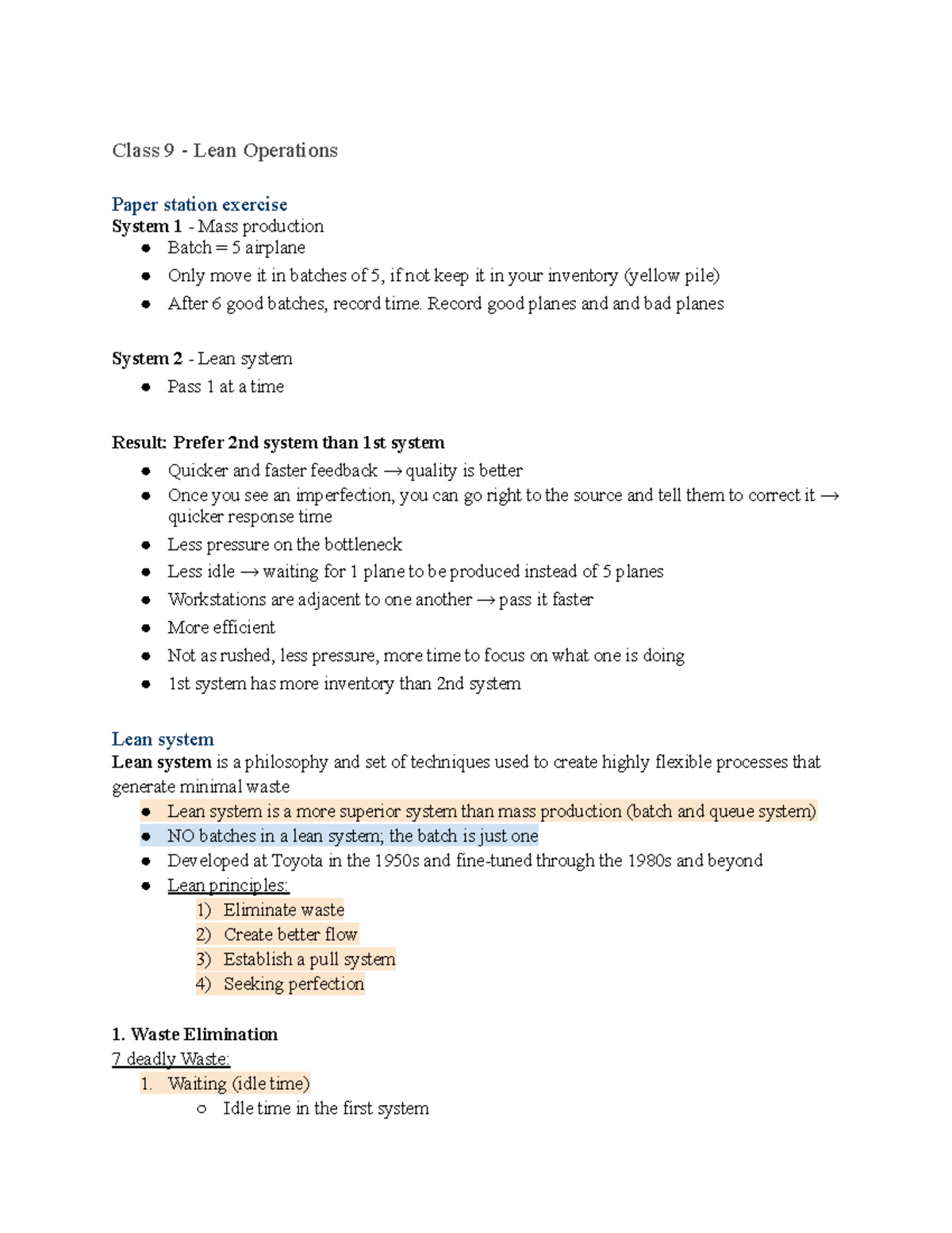 OM midterm 2 - Spring 2023 OM - Class 9 - Lean Operations Paper station exercise System 1 - Mass ...