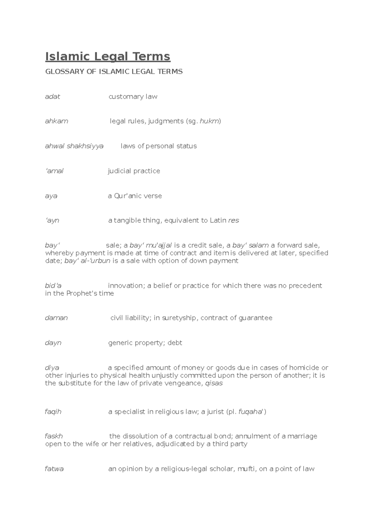 Islamic Legal Terms - Islamic Legal Terms GLOSSARY OF ISLAMIC LEGAL ...