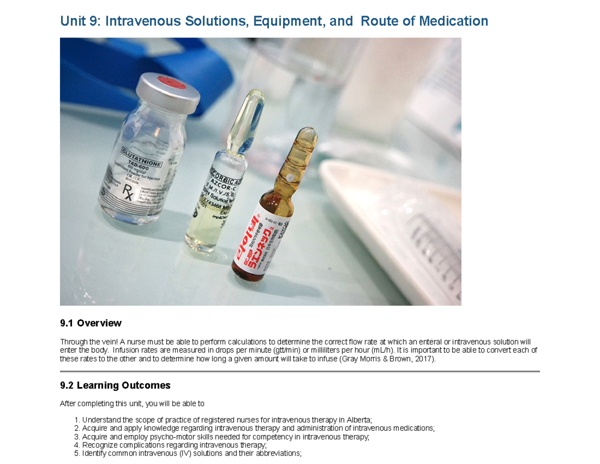 Unit 9 - course summary - Unit 9: Intravenous Solutions, Equipment, and ...