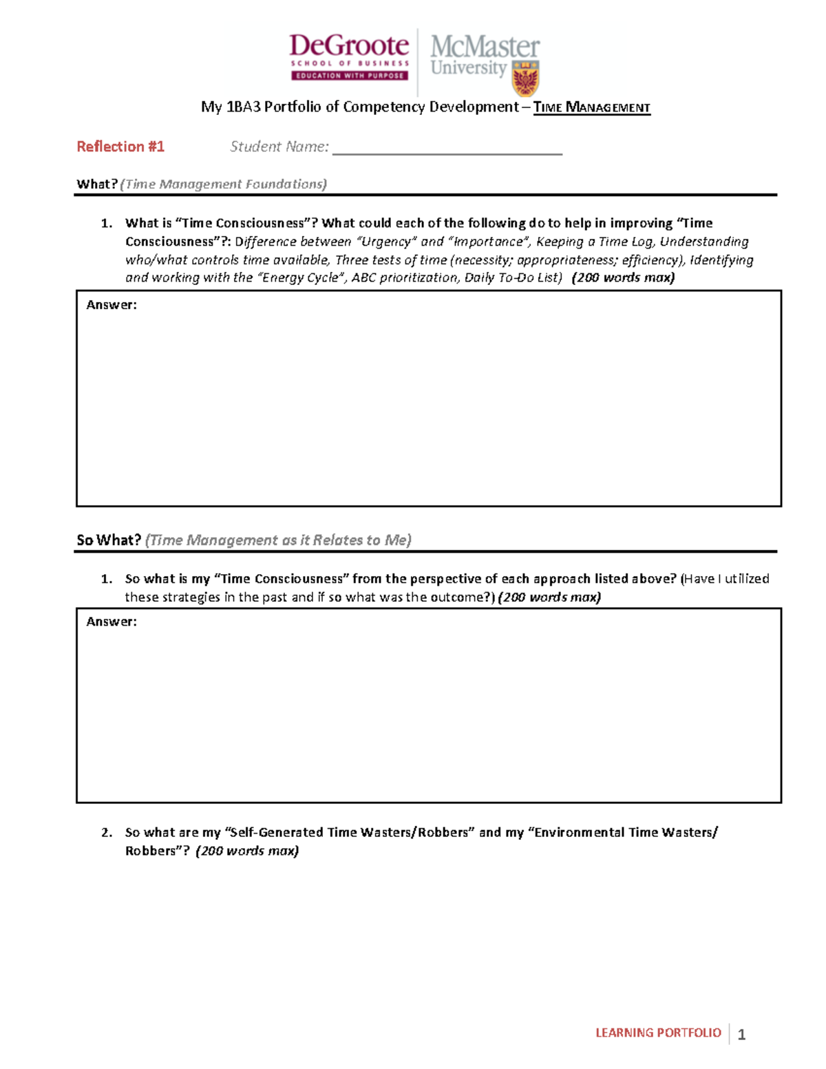 LP Reflection #1 - 1BA3 - Time Management - Fall 2022 - LEARNING ...