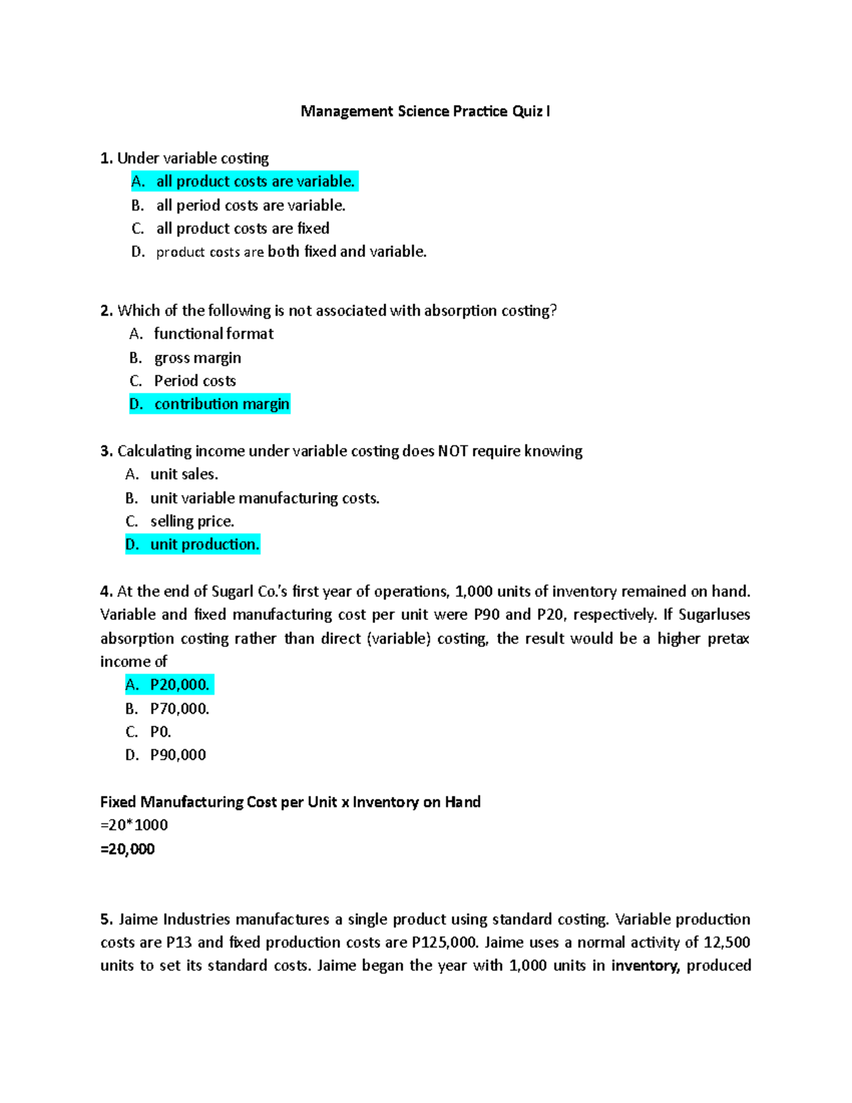 Management Science Practice Quiz I - Management Science Practice Quiz I ...