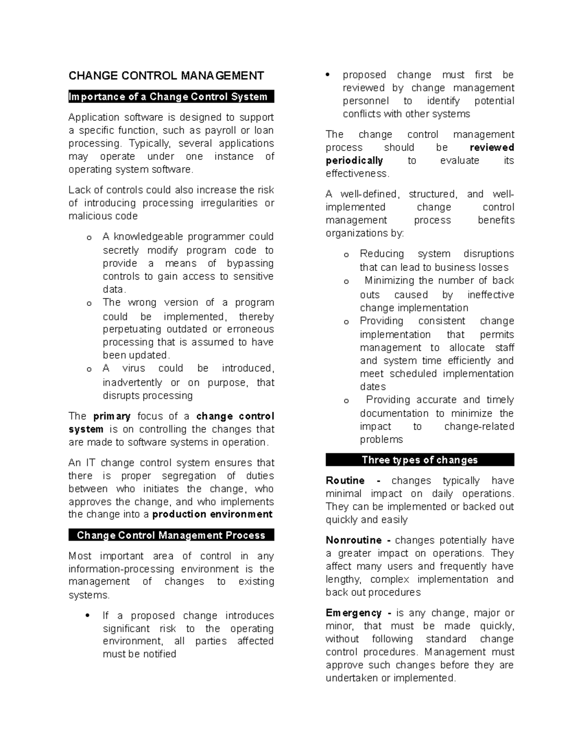 Chpater 10 - IT auditing chapter 10 - CHANGE CONTROL MANAGEMENT ...