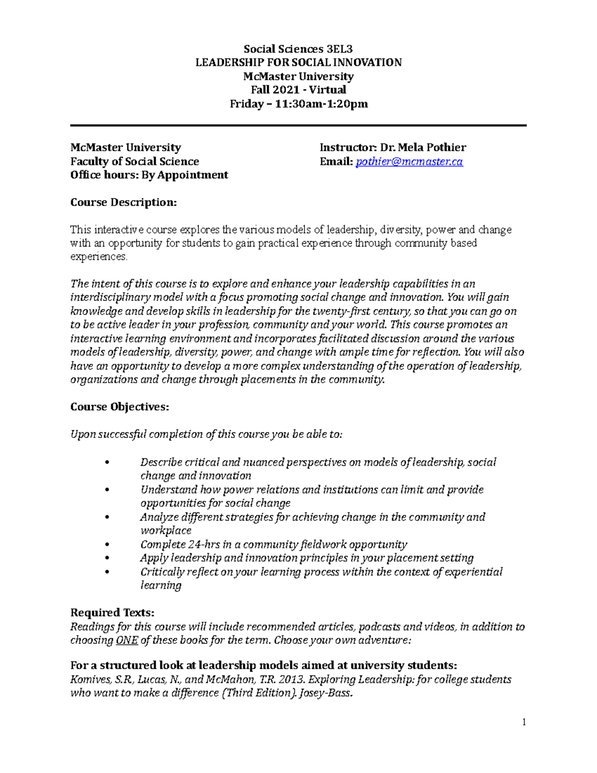 Fall 2021 - Socsci 3EL3 - Dr. Mela Pothier - Social Sciences 3EL ...