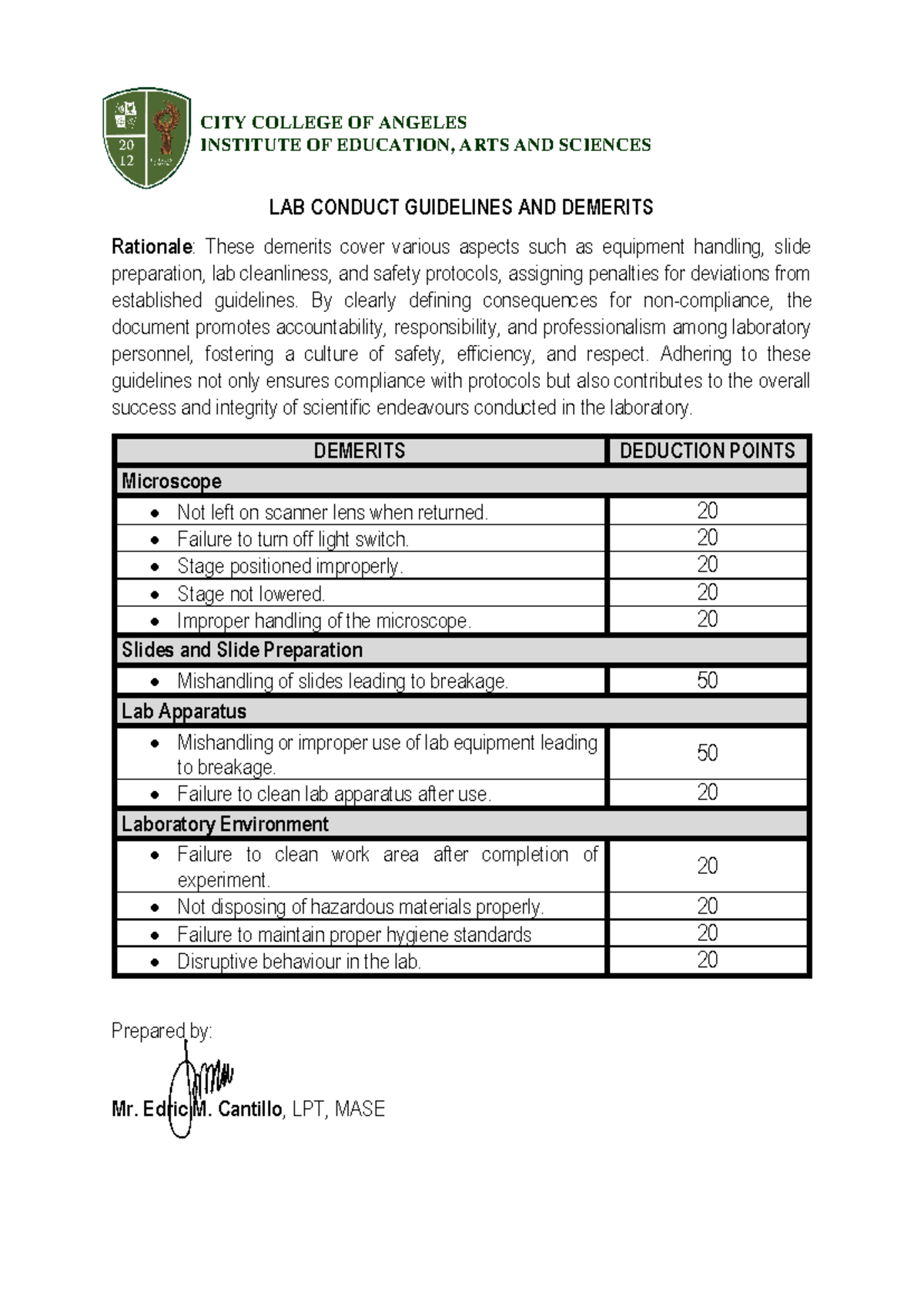 LAB Conduct Guidelines AND Demerits - CITY COLLEGE OF ANGELES INSTITUTE ...