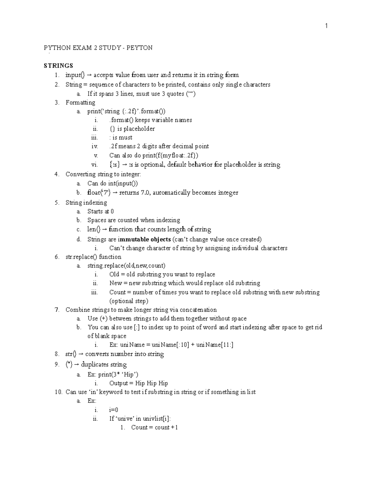 Python Exam 2 Study lecture Notes PYTHON EXAM 2 STUDY PEYTON