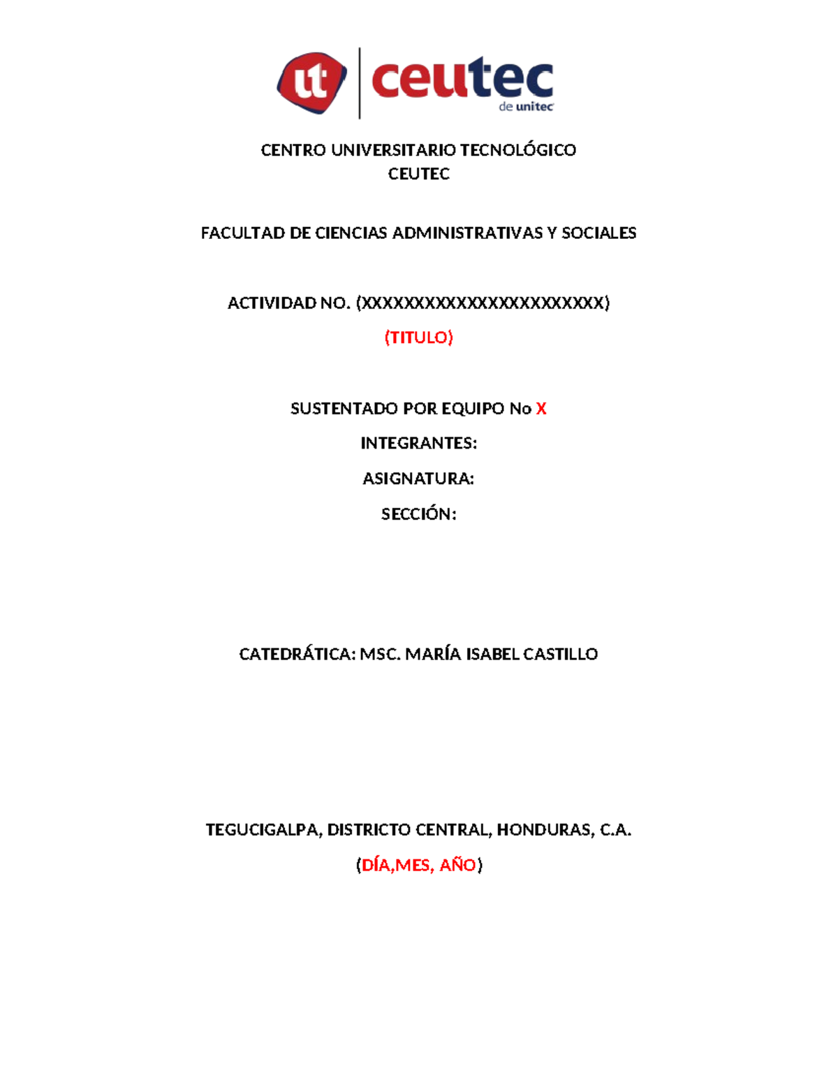 Portada Trabajos Clase Español Centro Universitario TecnolÓgico Ceutec Facultad De Ciencias