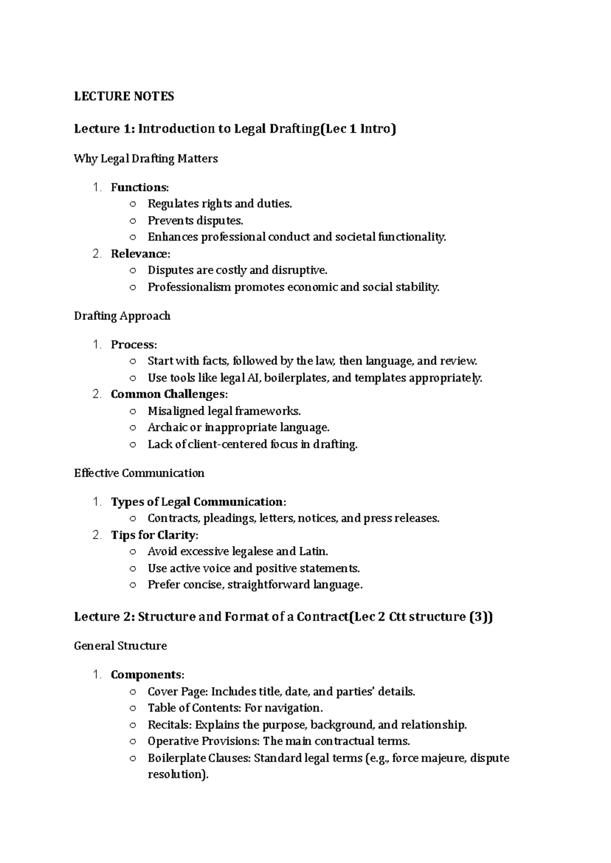 Drafting Notes EXAM - LECTURE NOTES Lecture 1: Introduction to Legal ...