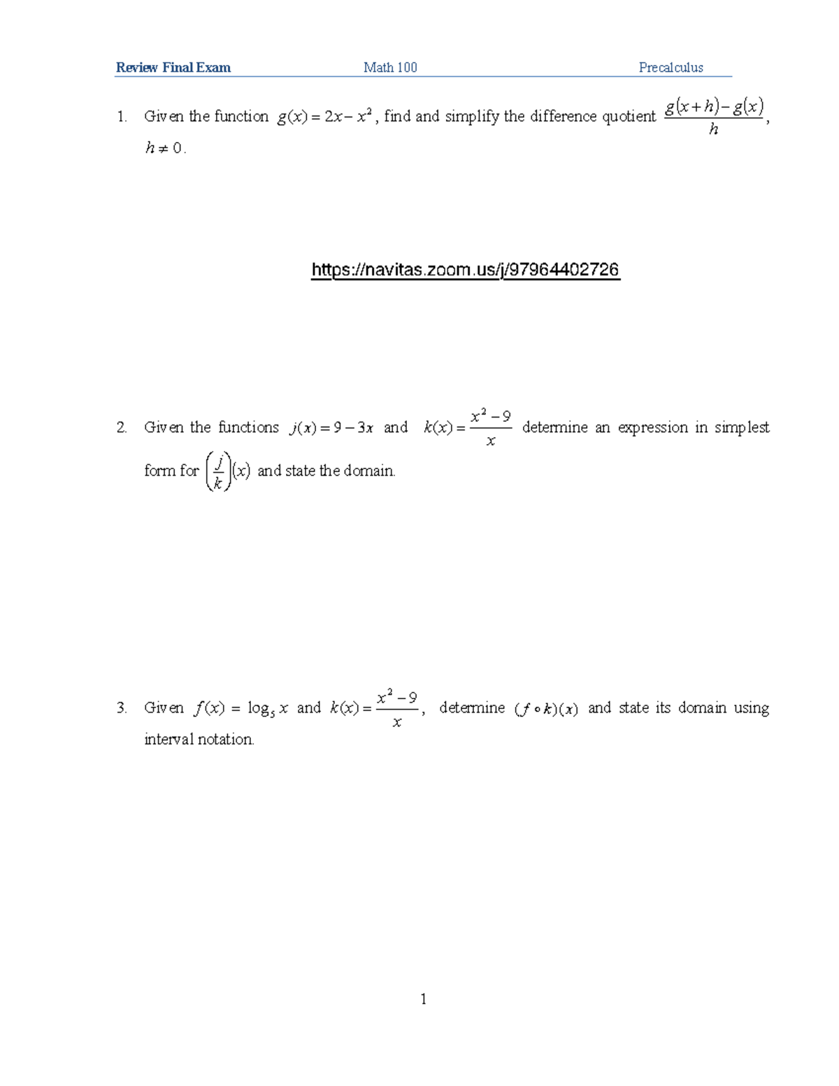 Extra problems copy - Given the function 2 g ( x) 2 x x , find and ...