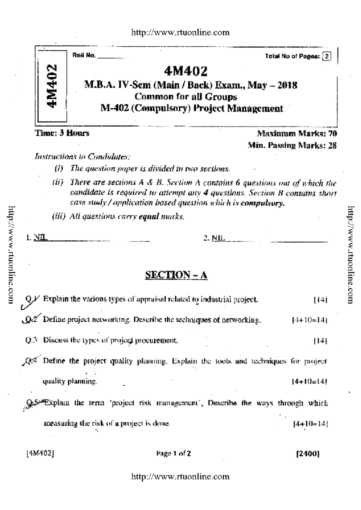 Mba 4 sem project management may 2018 - Roll No. Total No of Pages: 2 ...