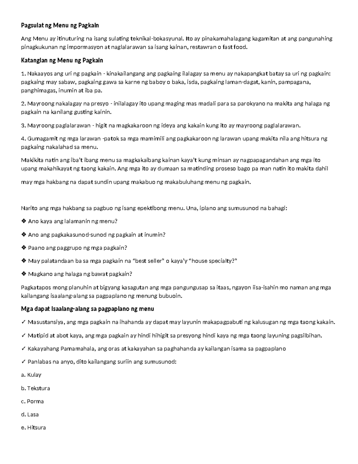 Last lecture to send - Pagsulat ng Menu ng Pagkain Ang Menu ay ...