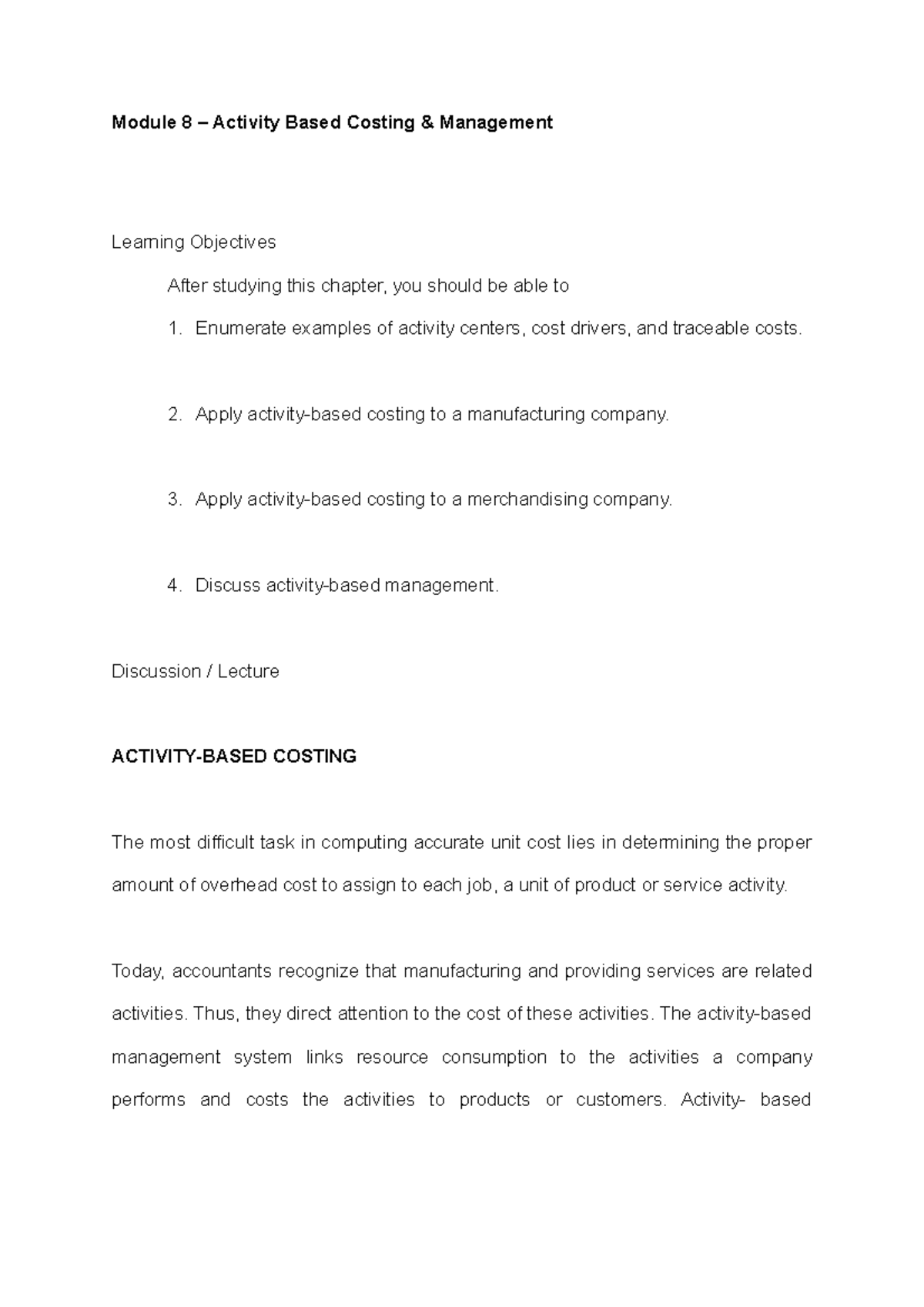 Module 8 – Activity Based Costing & Management - Module 8 – Activity ...