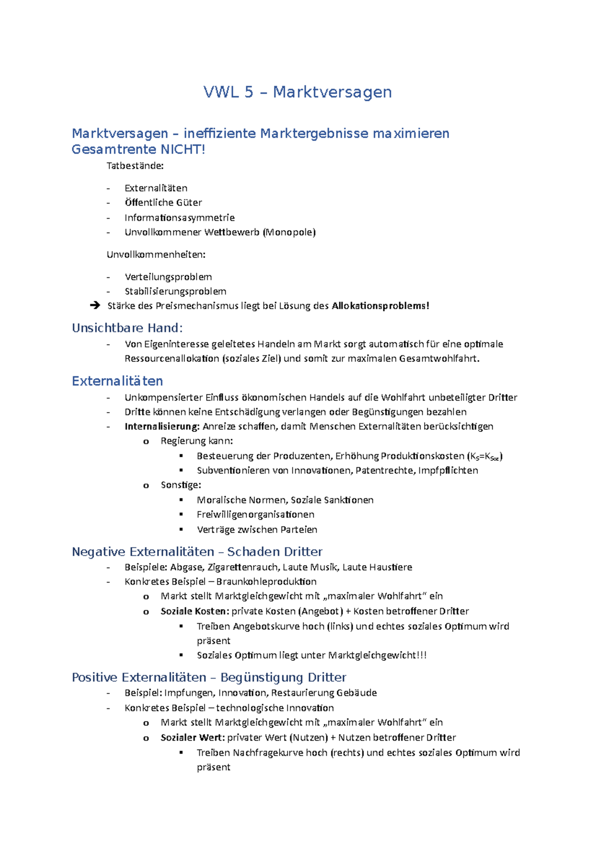 VWL 5 - Marktversagen - Zusammenfassung Volkswirtschaftslehre - VWL 5 ...