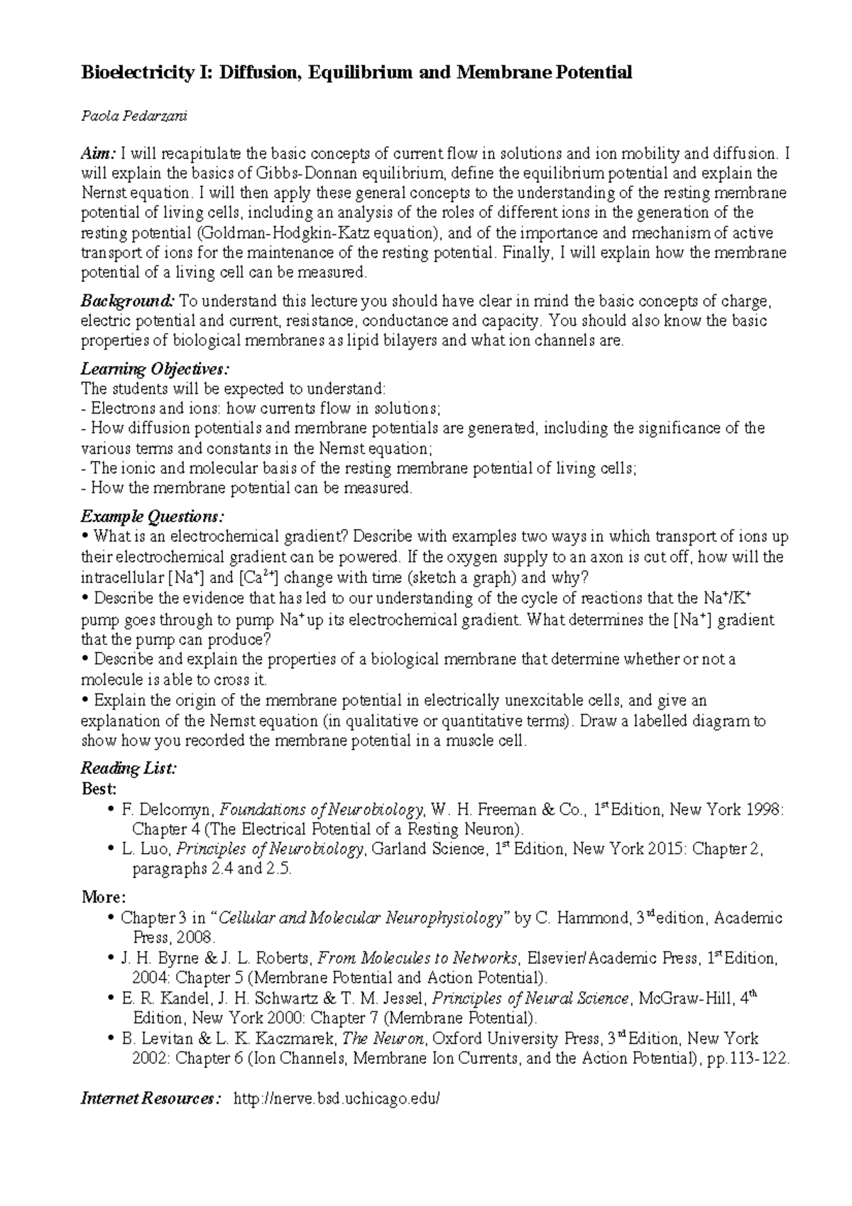 04 Bioelectricity 1-Handout (Pedarzani) - NEUR2006 - UCL - Studocu