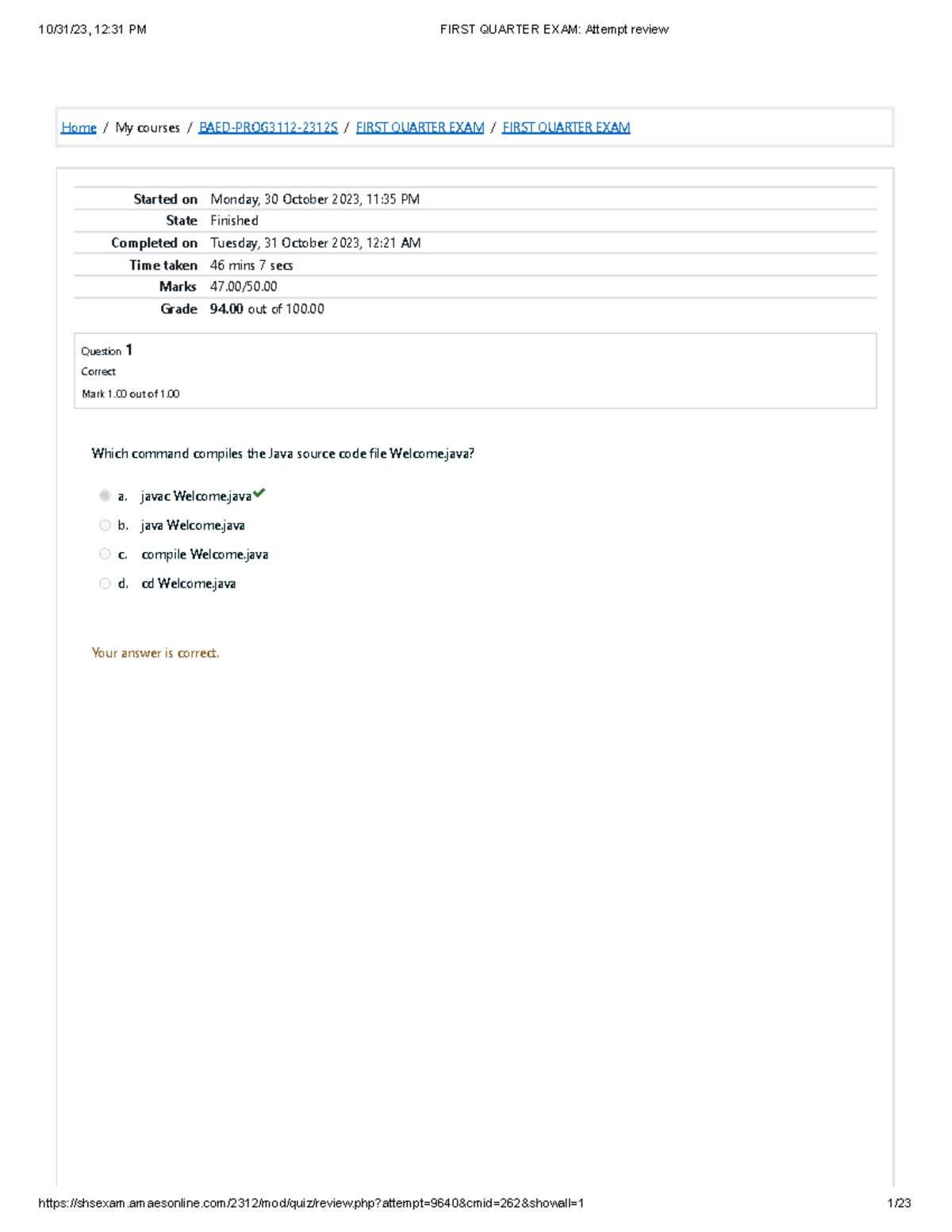Prog 3112 None Home My Courses Baed Prog3112 2312s First Quarter Exam First Quarter 
