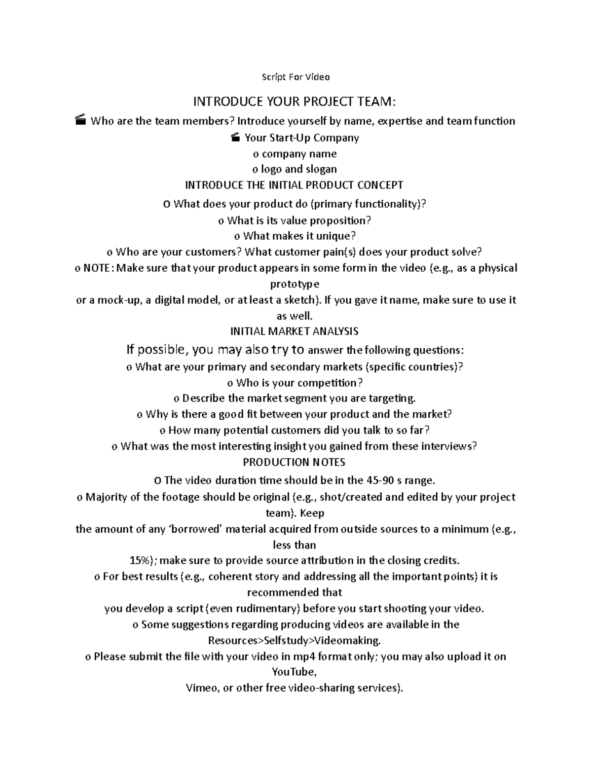 Script - study guide - Script For Video INTRODUCE YOUR PROJECT TEAM ...