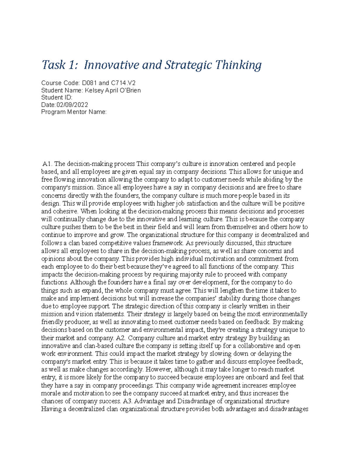 Task 1 strategic - task 1 example of how to answer questions and ...