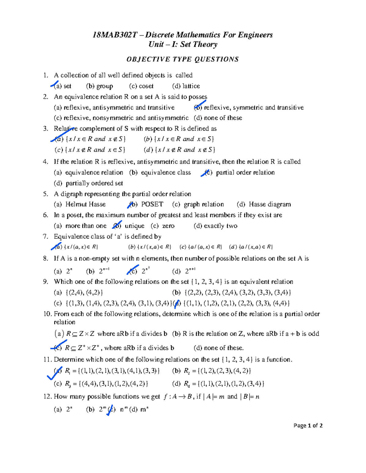 UNIT 01 - mcqs - Page 1 of 2 18 MAB302T – Discrete Mathematics For ...
