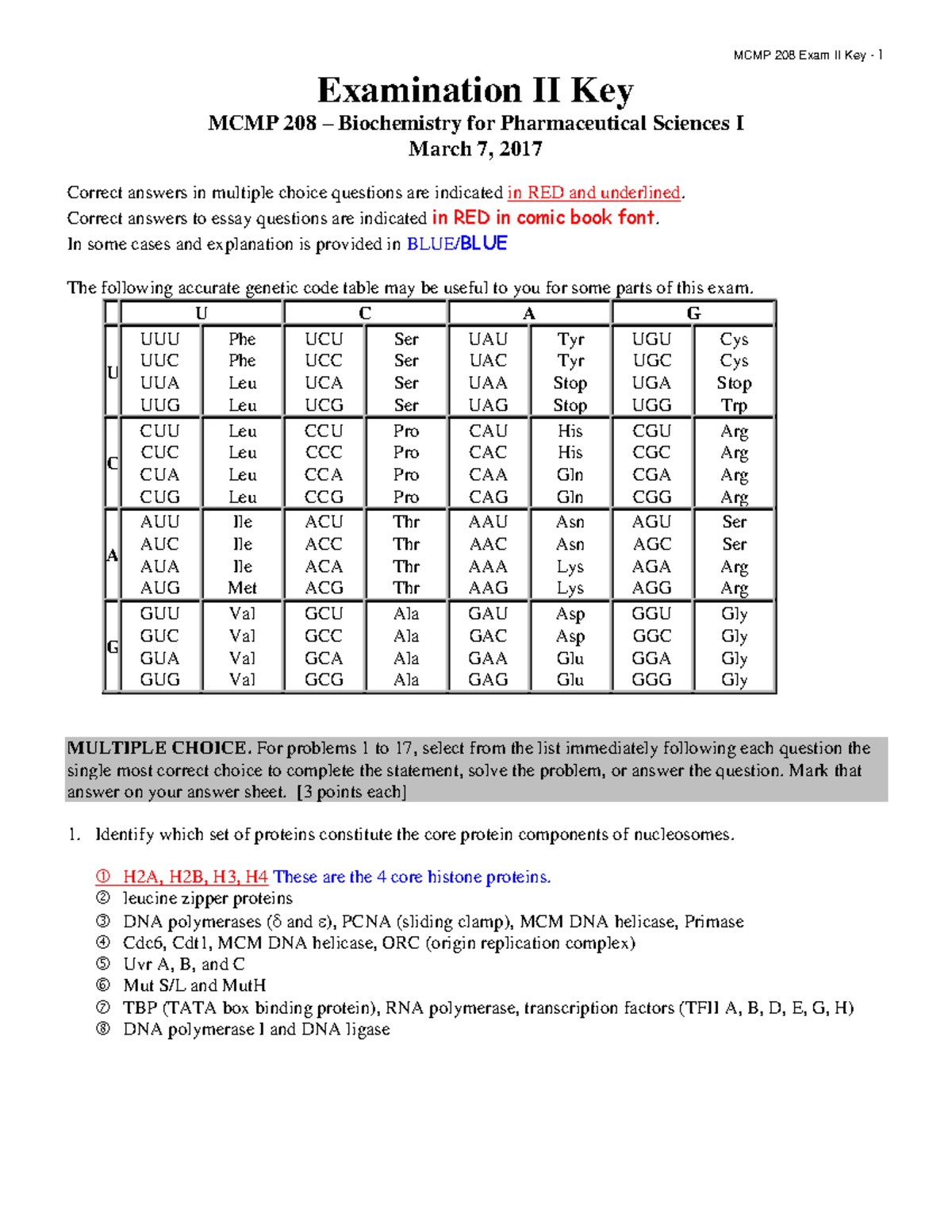 Exam2-key - Examination II Key MCMP 208 – Biochemistry for Pharmaceutical Sciences I March 7 ...