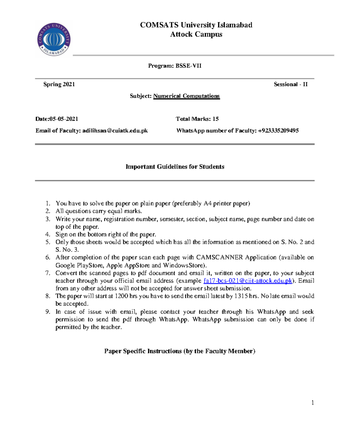 Sessional II NC - 1 COMSATS University Islamabad Attock Campus Program ...