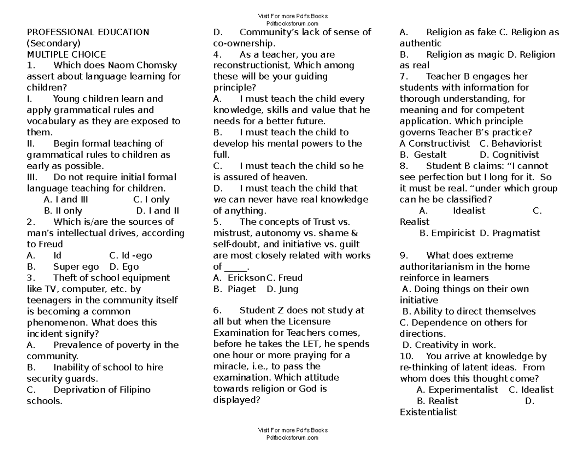 100 LET Reviewer 2019 with answer 125 problems - PROFESSIONAL EDUCATION ...