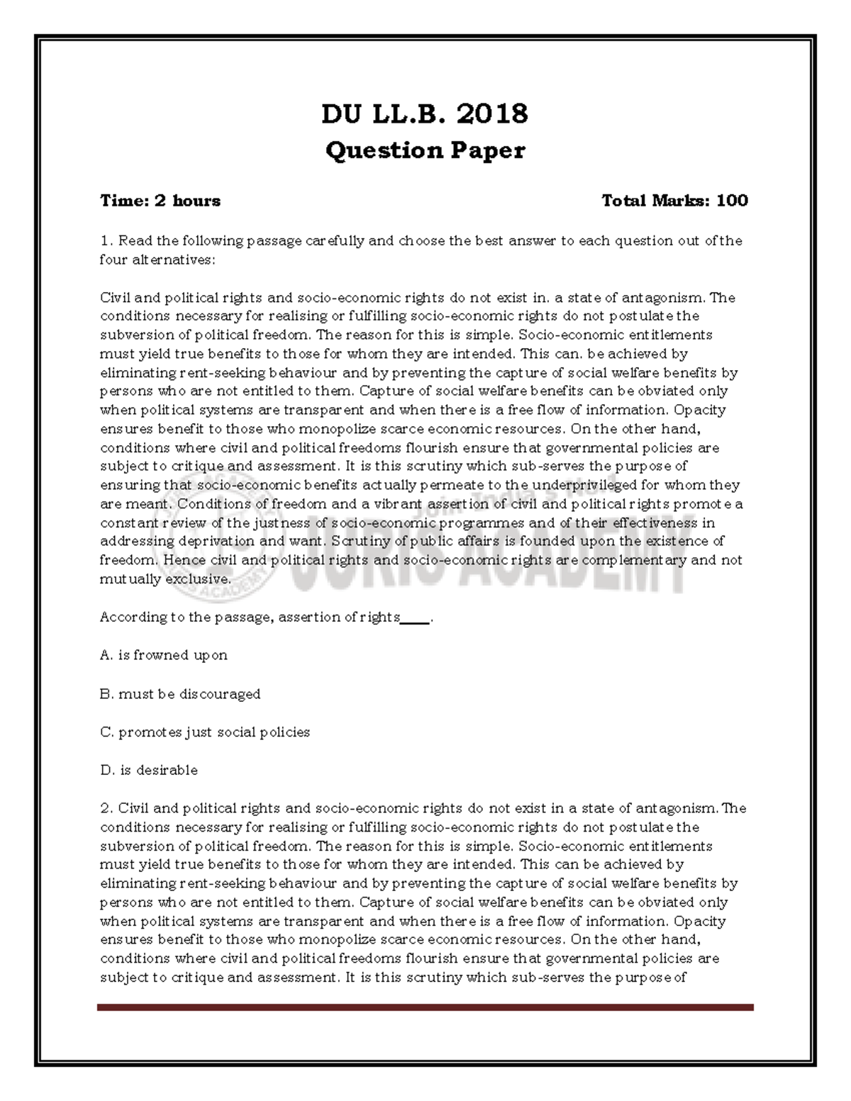 Du llb 2018 question paper - DU LL. 2018 Question Paper Time: 2 hours ...