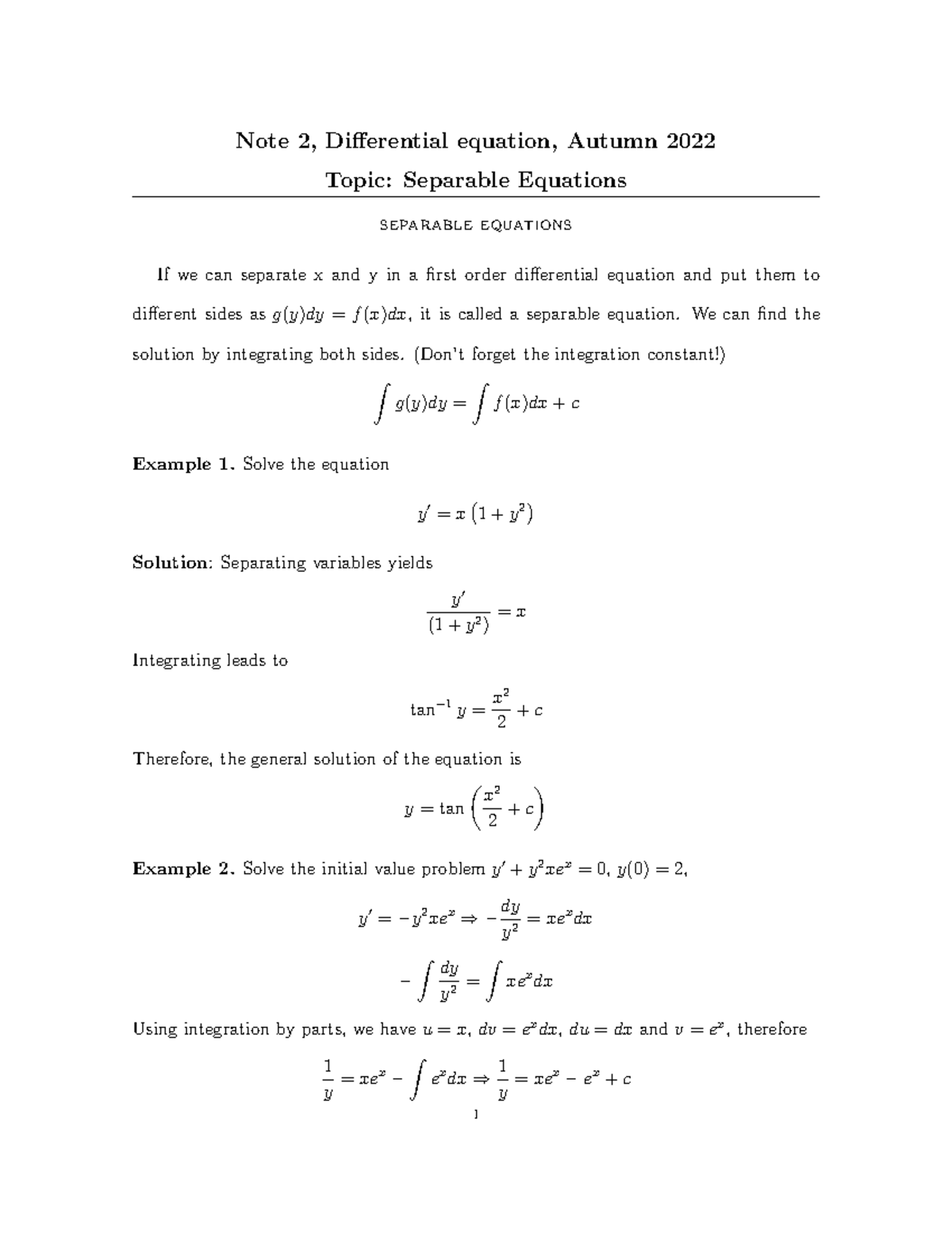 Notepc 2 - This note contains definitions, concepts and examples concerning separable equations ...