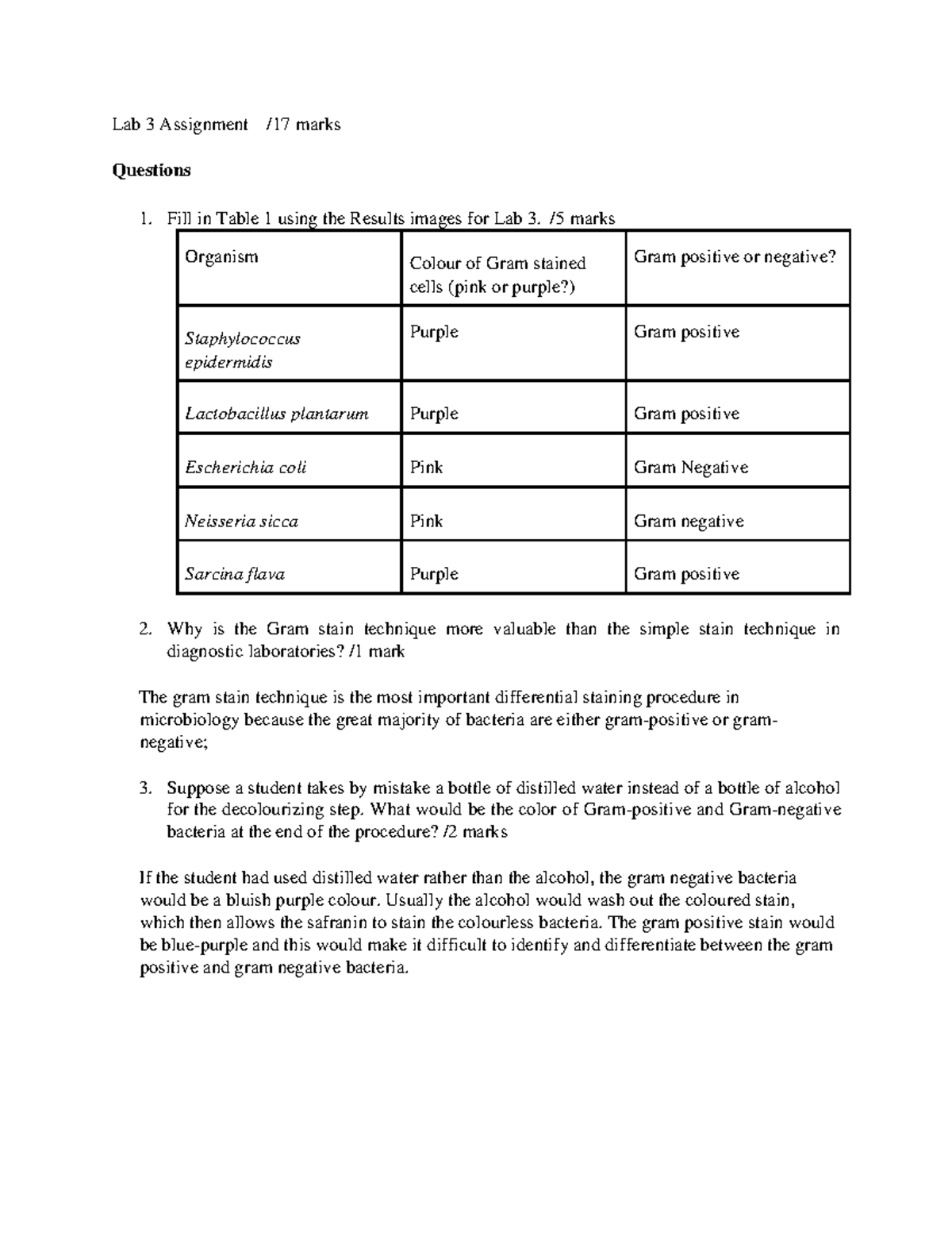 Lab 3 Assignment - Lab 3 - Lab 3 Assignment /17 marks Questions Fill in Table 1 using the ...