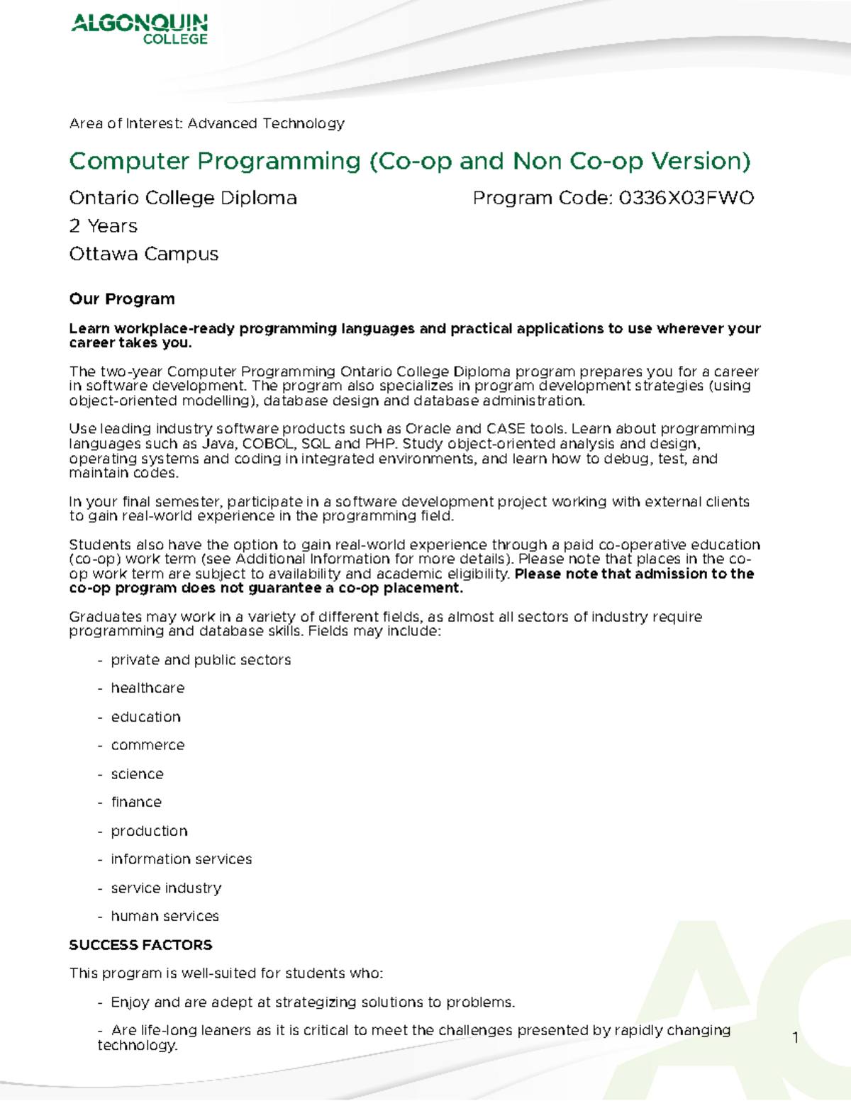 0336X03FWO - course - 1 Area of Interest: Advanced Technology Computer ...