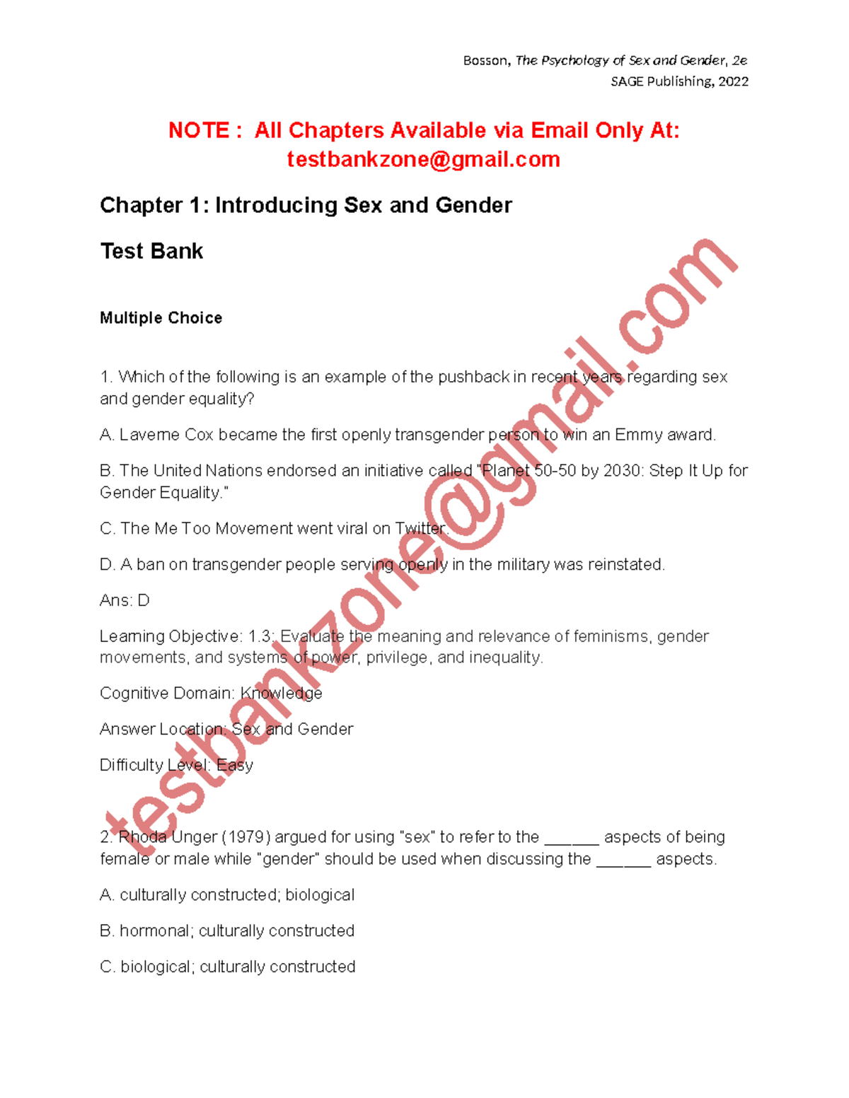 Solutions and Test Bank For The Psychology of Sex and Gender, 2nd ...