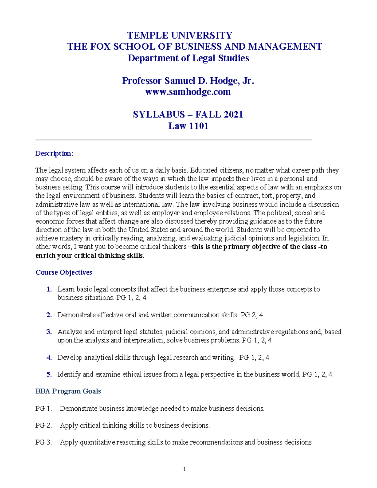 LAW 1101 Revised Syllabus Version two - TEMPLE UNIVERSITY THE FOX ...