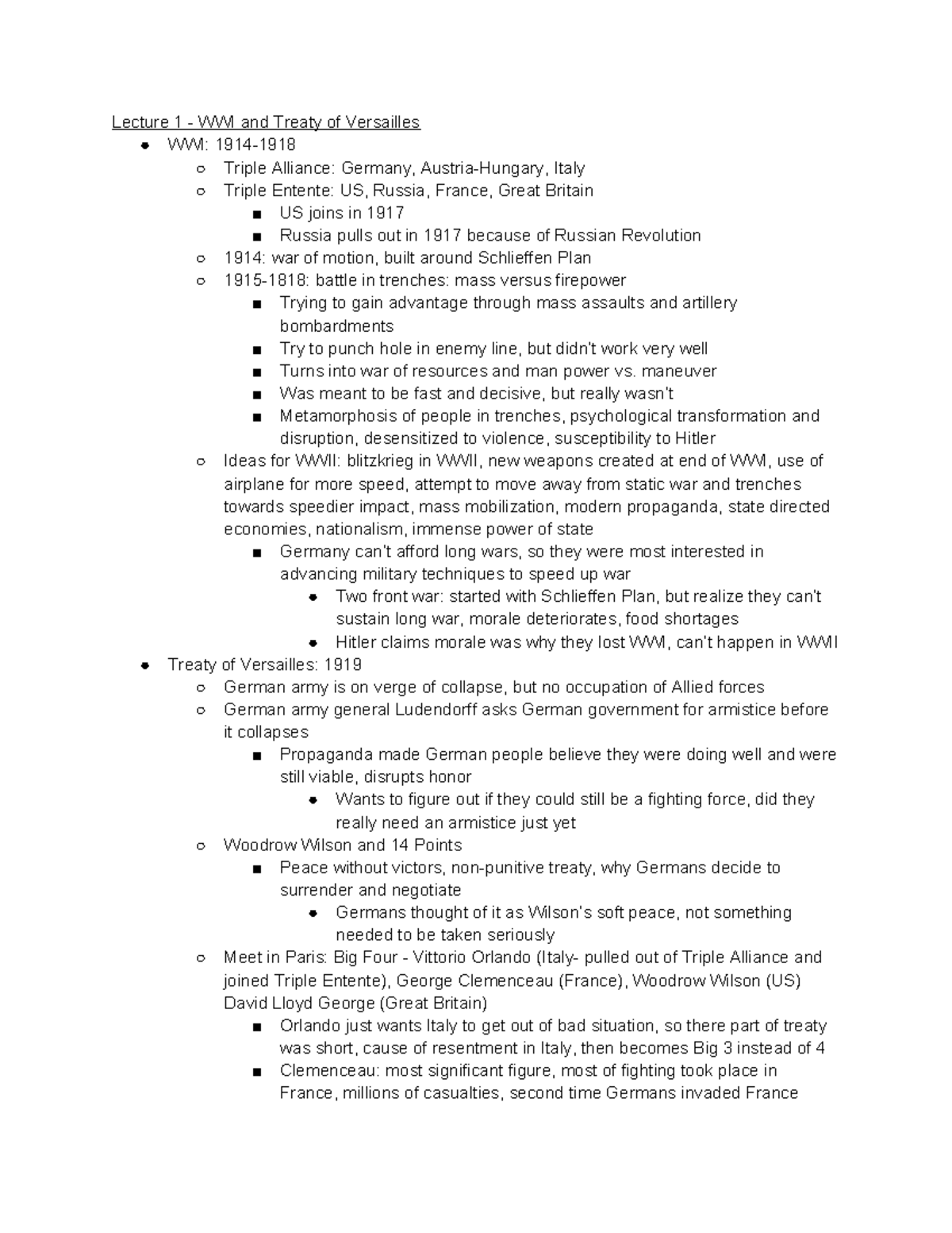 Intro to WWII Notes - Summer course - Lecture 1 - WWI and Treaty of ...