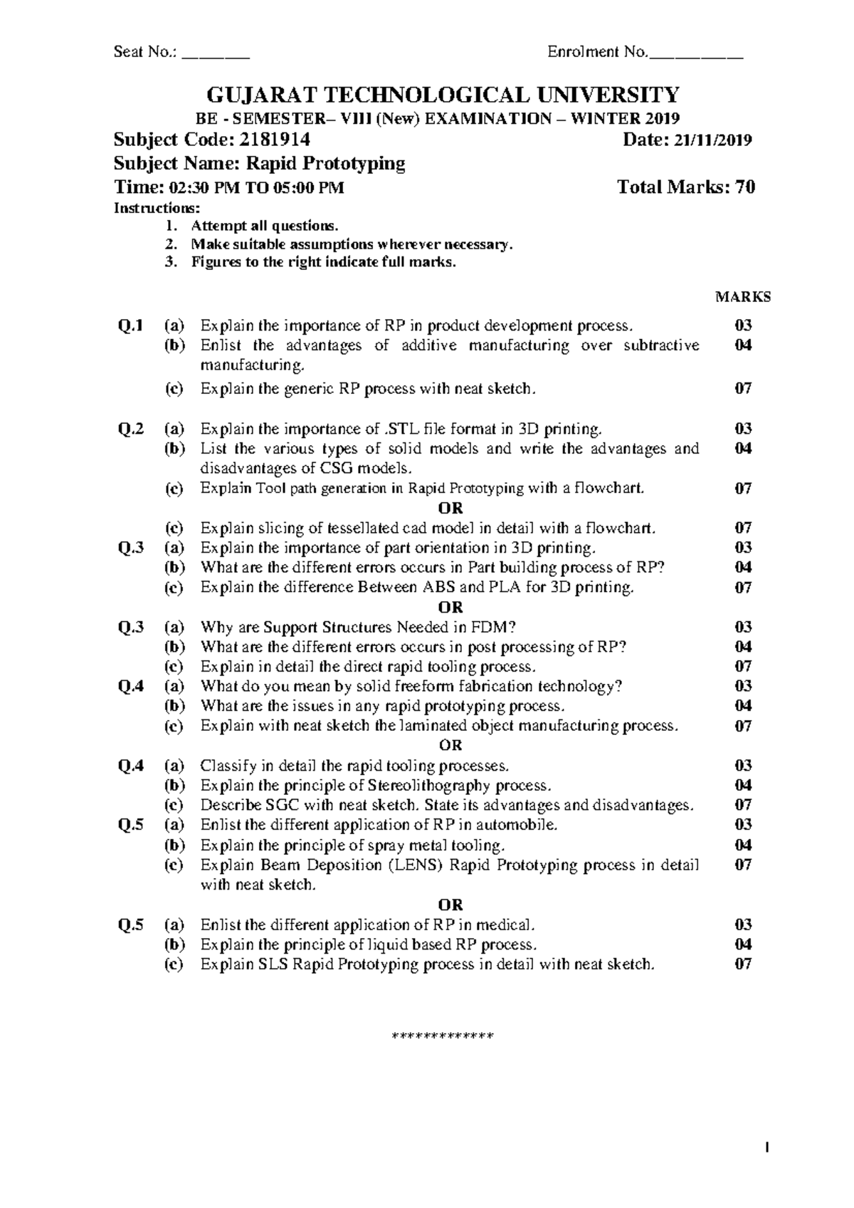 Question paper Question paper - 1 Seat No.: ________ Enrolment No ...