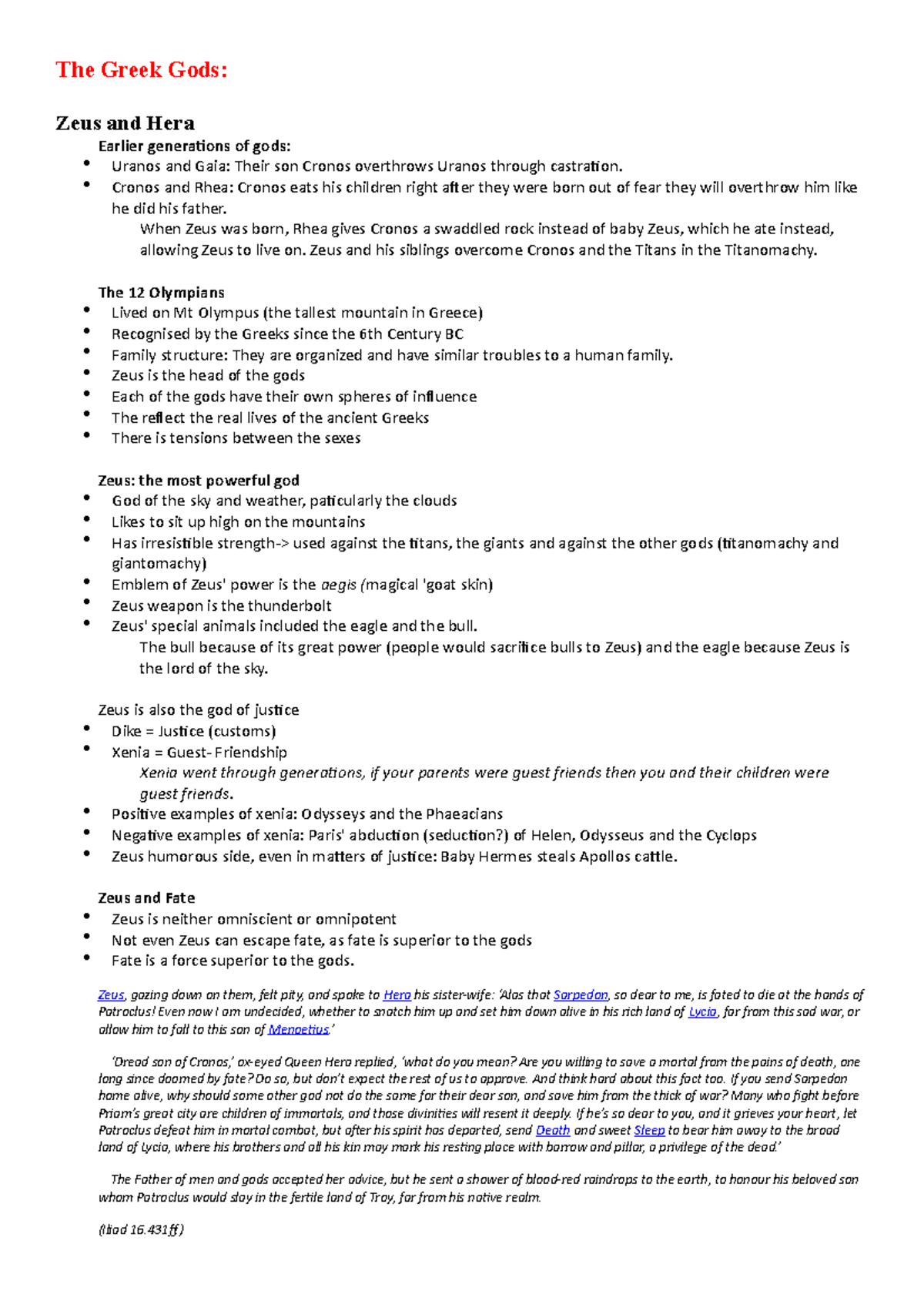 The Greek Gods - Introduction lecture notes on the gods/goddess' for ...