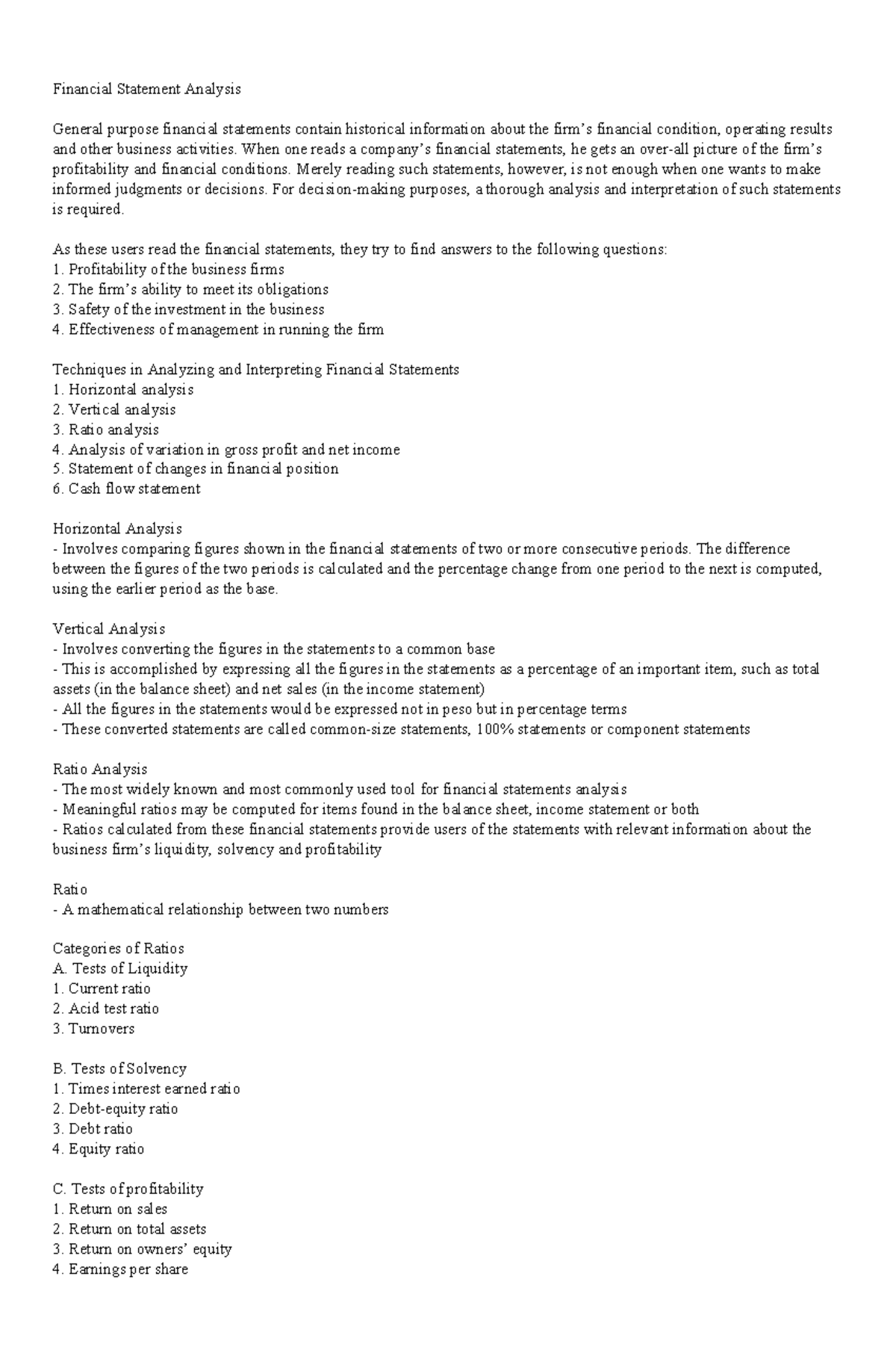 FS Analysis - Notes - Financial Statement Analysis General purpose ...