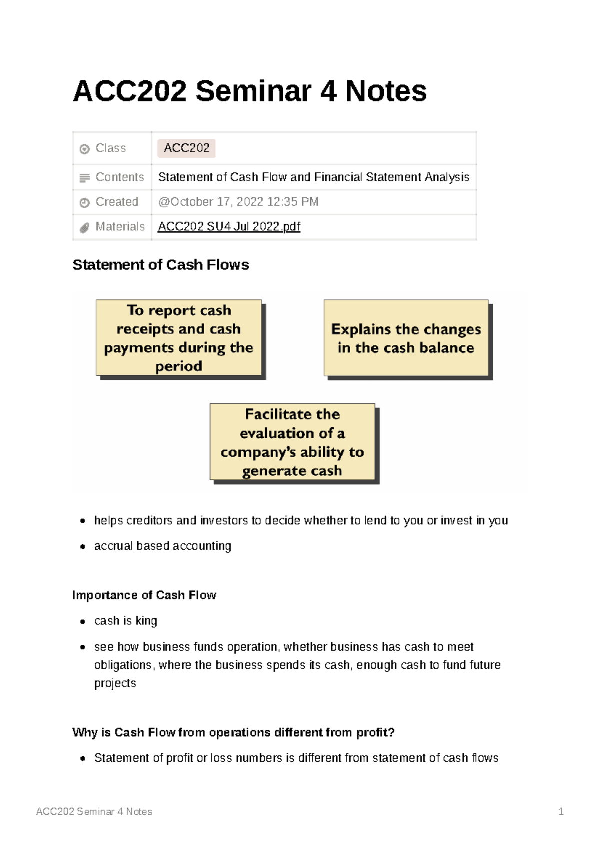 ACC202 Seminar 4 Notes - Class ACC Contents Statement of Cash Flow and ...