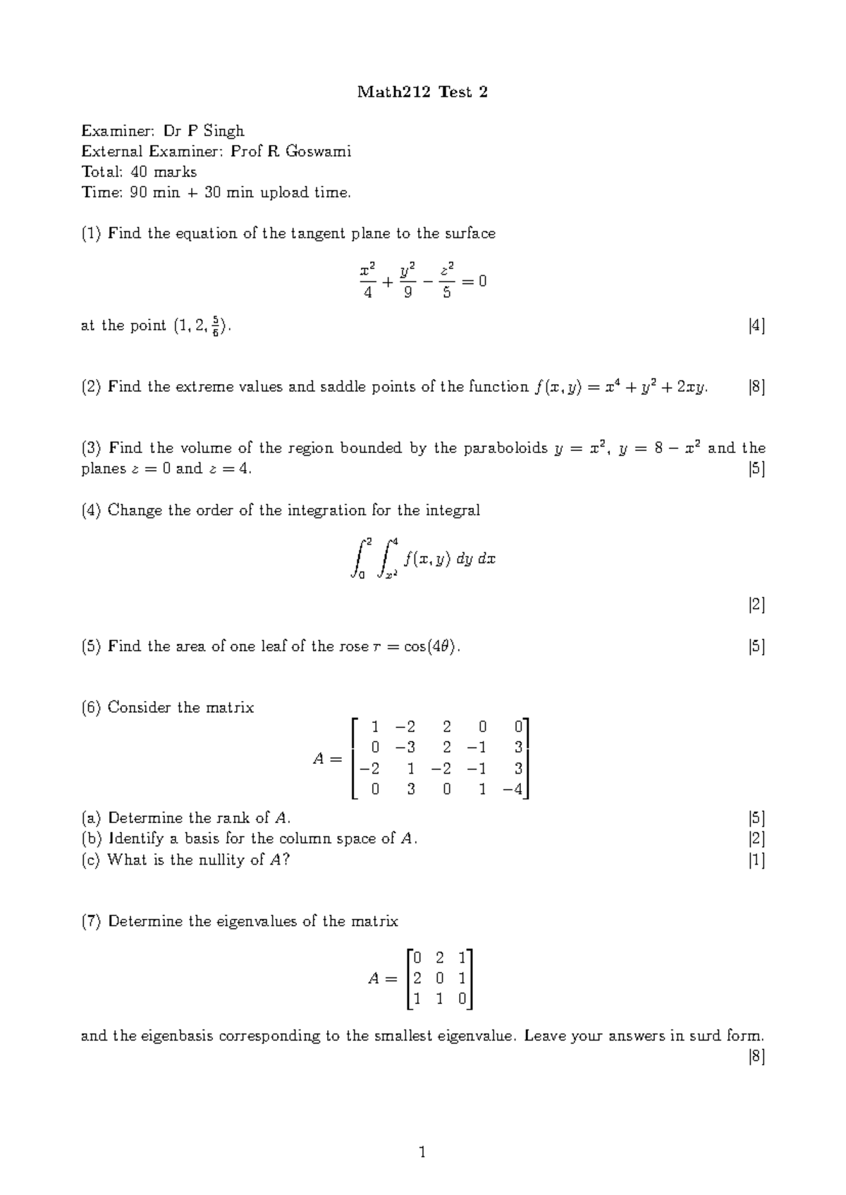 2022Test2 - test 2 on integrals and linear algebra - Math212 Test 2 ...